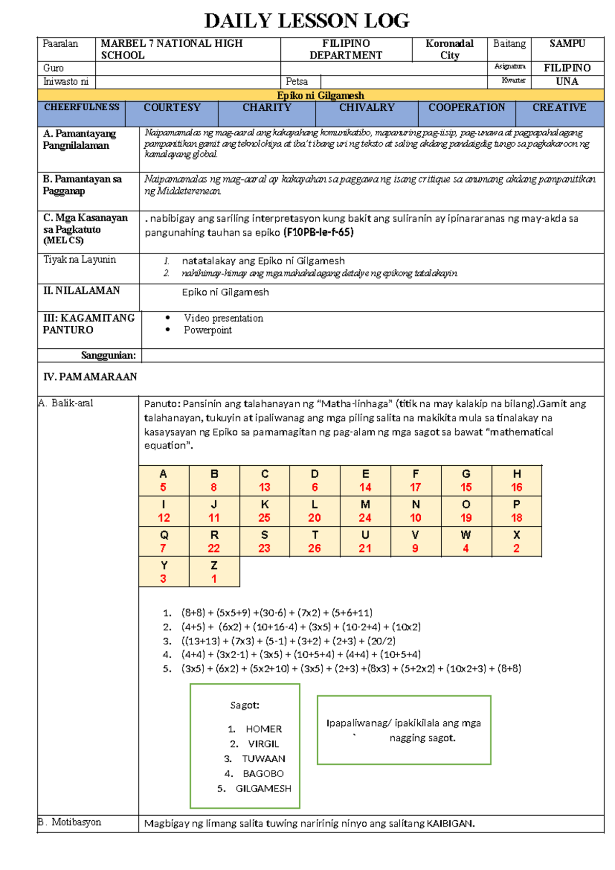 Lesson Plan for Epic of Gilgamesh - FILIPINO 7 - Studocu