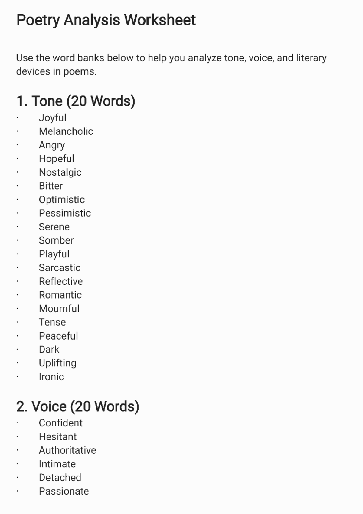 Poetry Analysis Worksheet 260302: Tone, Voice, and Devices - Studeersnel