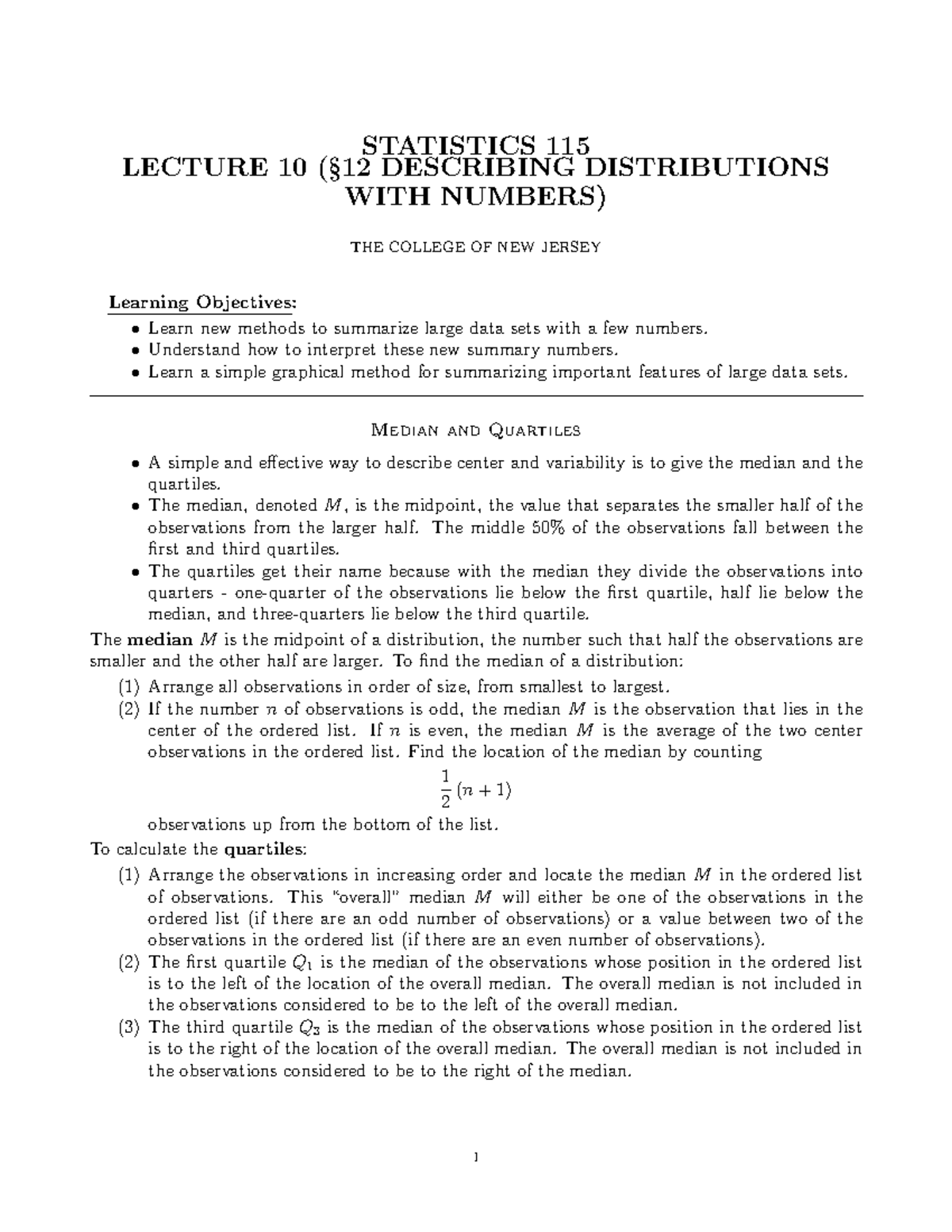 STATISTICS 115 - LECTURE 10: Summarizing Data Distributions - Studocu