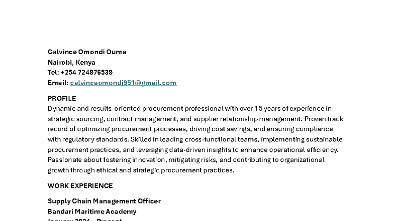 Professional Profile of Calvince Omondi Ouma - Procurement Expert - Studocu