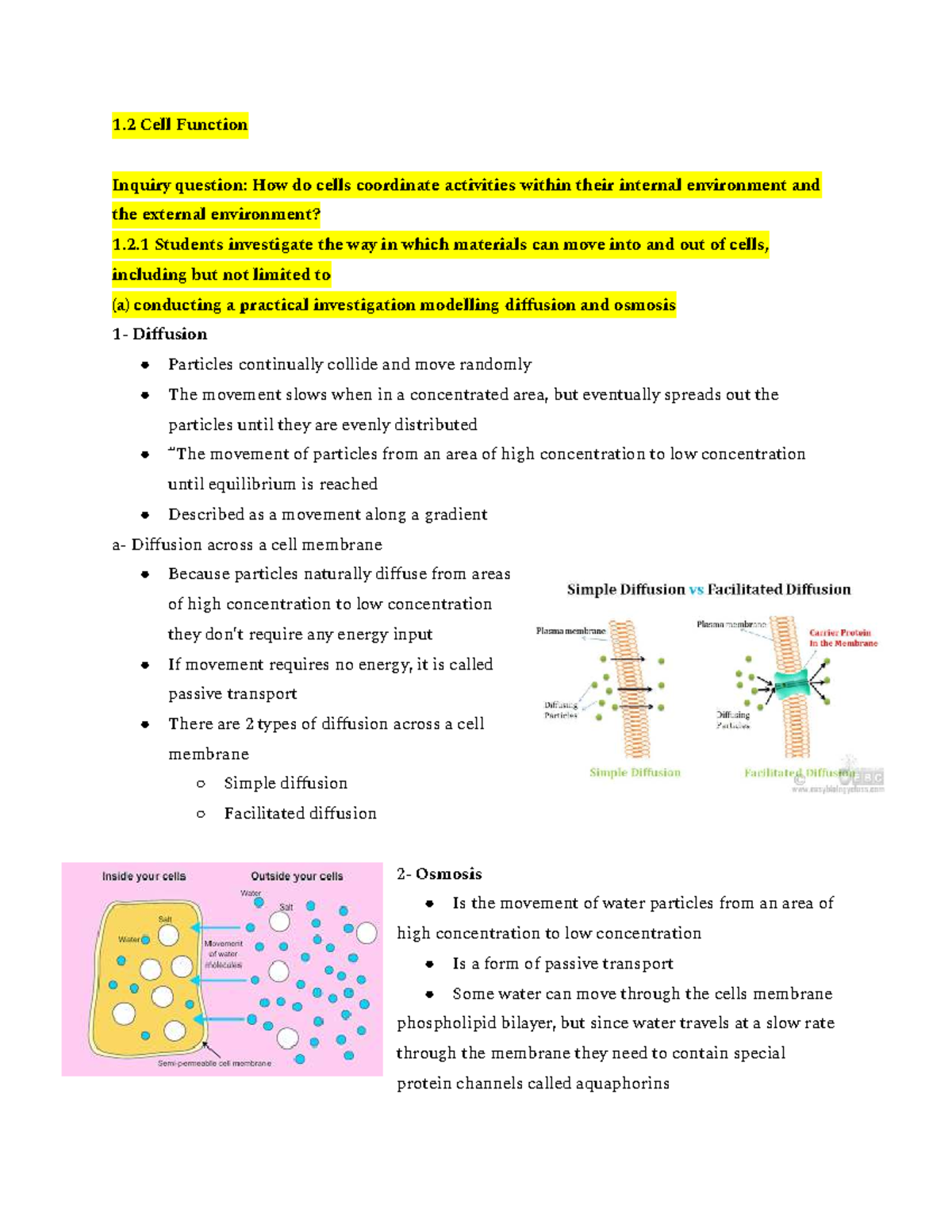 Study Notes: Module 1.2 - Cell Function and Biochemical Processes - Studocu