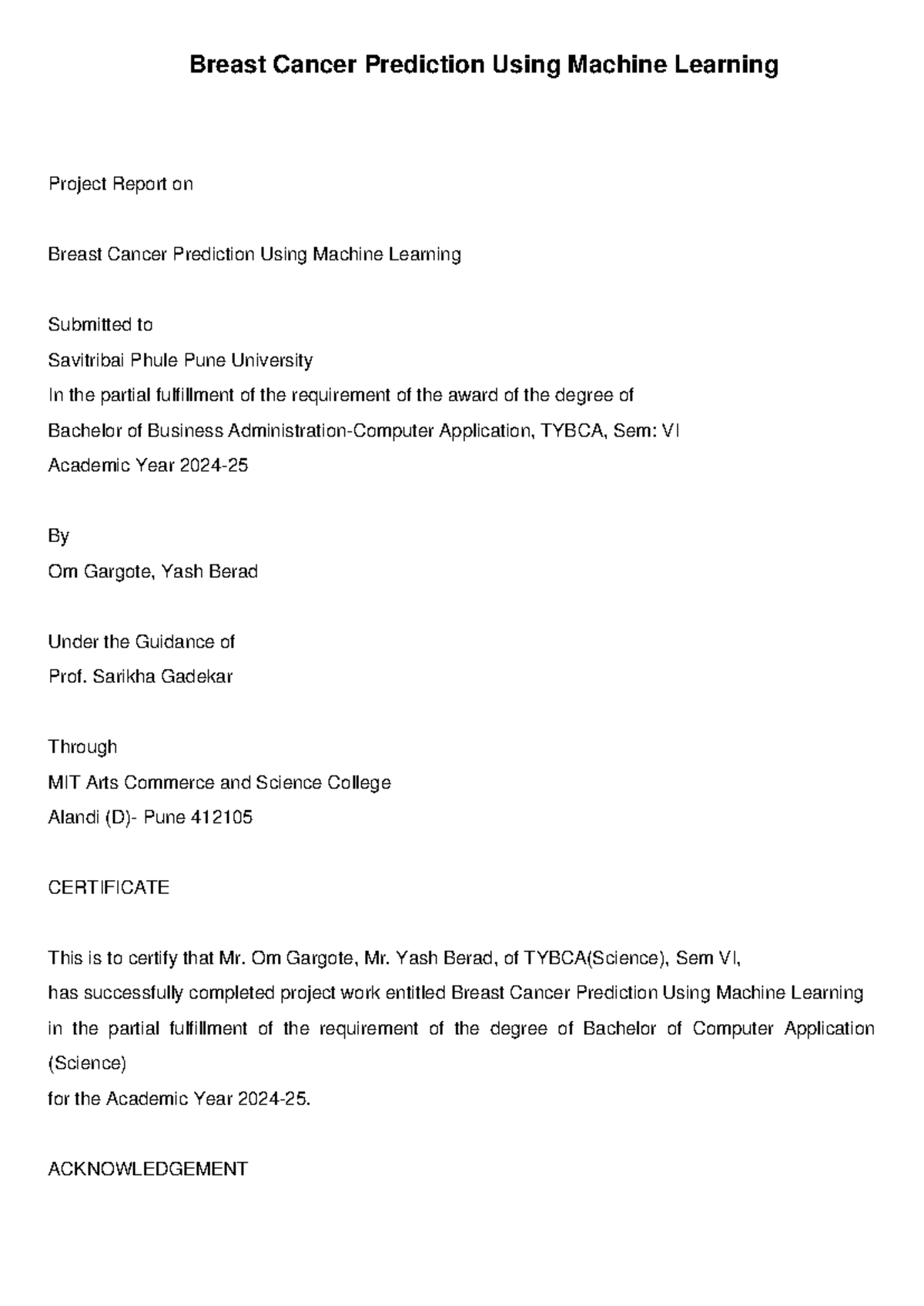 Breast Cancer Prediction Project Report - TYBCA Sem VI - Studocu