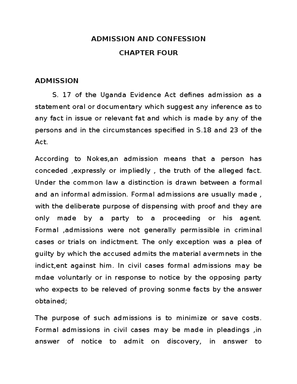 Evidence Notes - Chapter 4: Admissions Under Uganda Evidence Act - Studocu