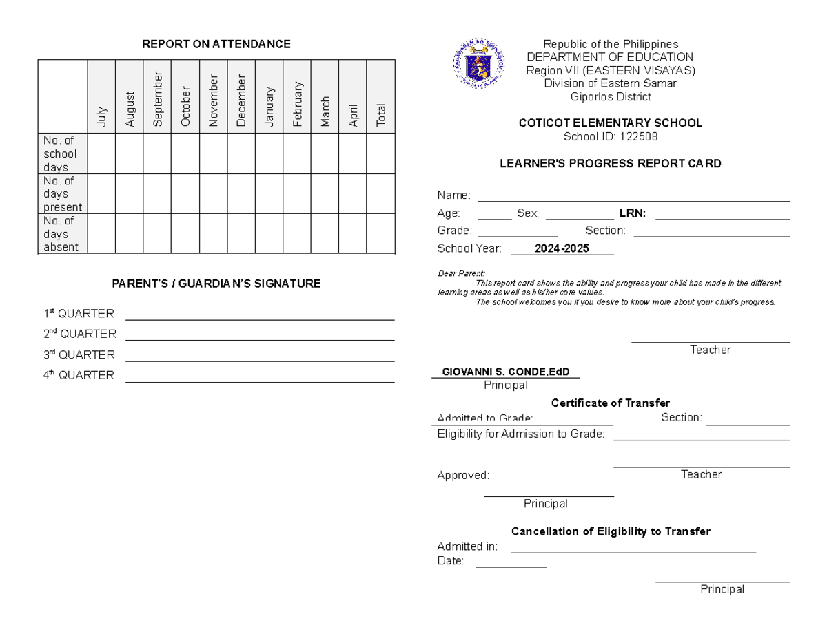 Report CARD - For reference - REPORT ON ATTENDANCE July August ...