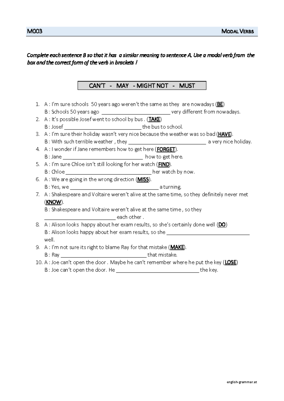 M003 MODAL VERBS Exercise: Complete the Sentences with Modals - Studocu