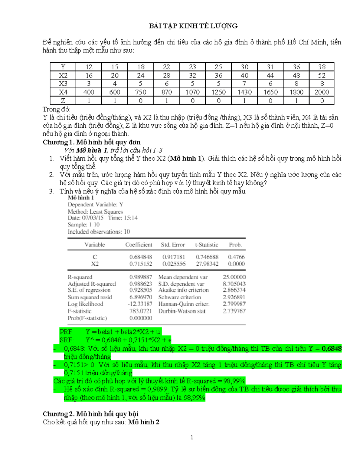 BT-KTL 2 - Bài Tập Kinh Tế Lượng: Phân Tích Mô Hình Hồi Quy - Studocu