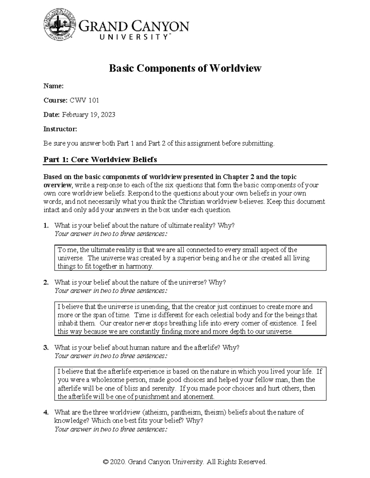 CWV 101 301 RS T1Basic Components Of Worldview - © 2020. Grand Canyon ...