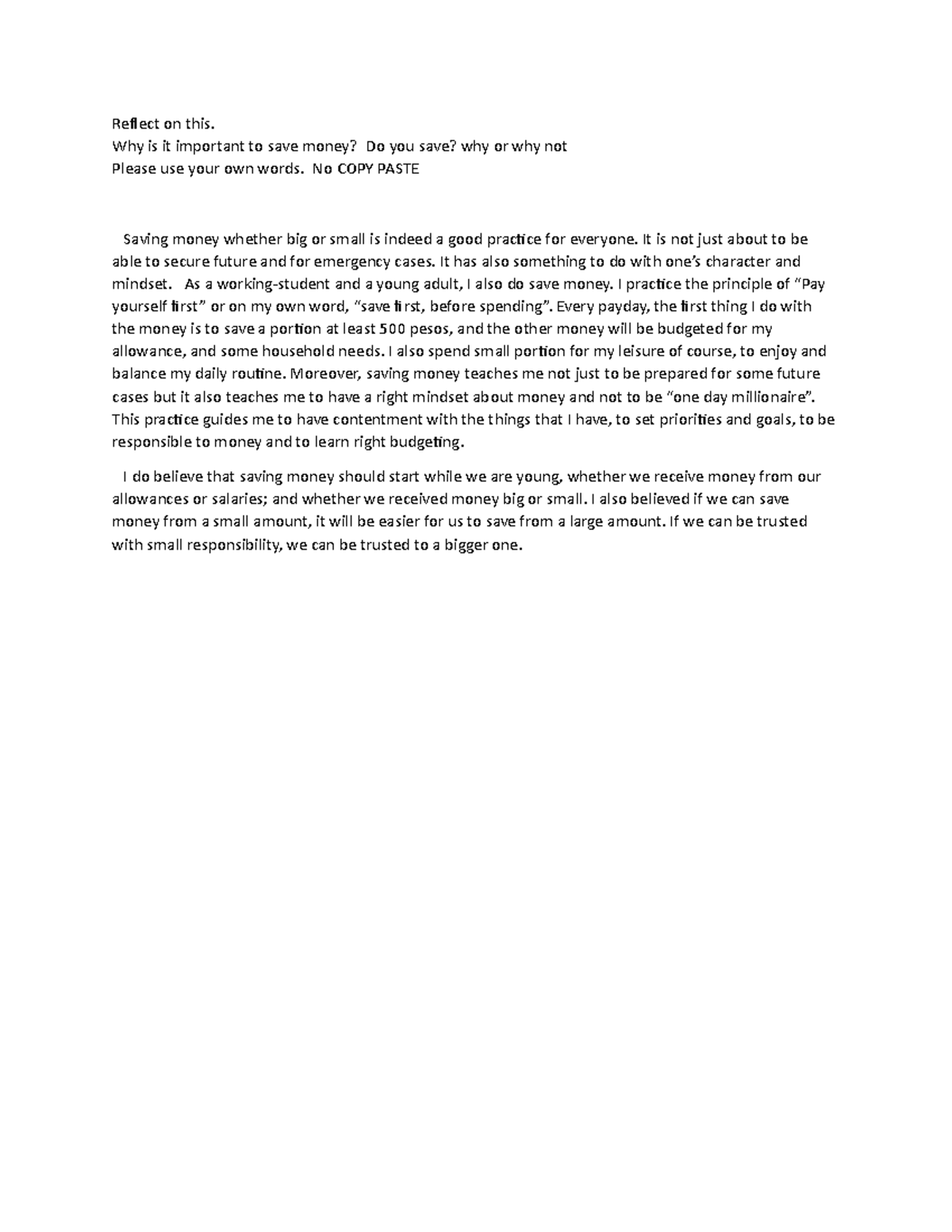 Reflection on Saving Money: Importance and Personal Practices - Studocu