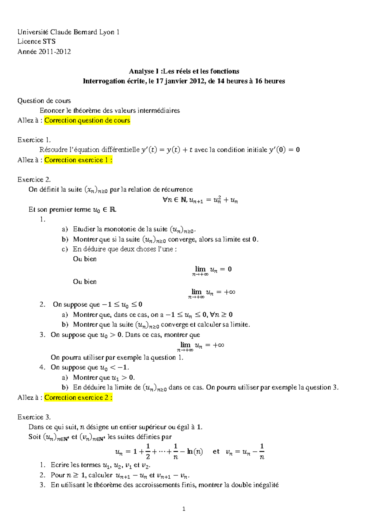 Contrôle Continu Final Math I Analyse - Correction Automne 2011 - Studocu
