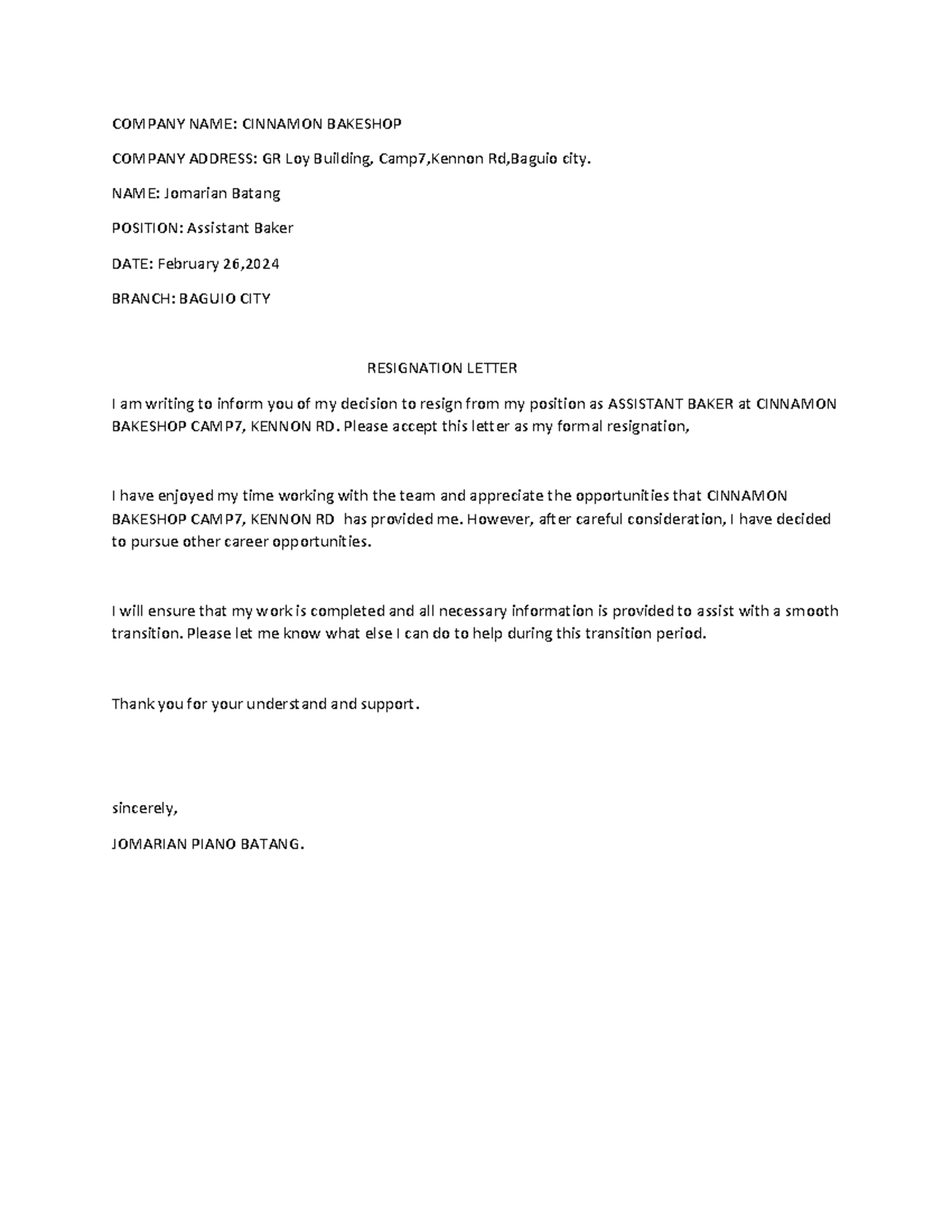 Resignation Letter (Assistant Baker) - Cinnamon Bakeshop - Studocu