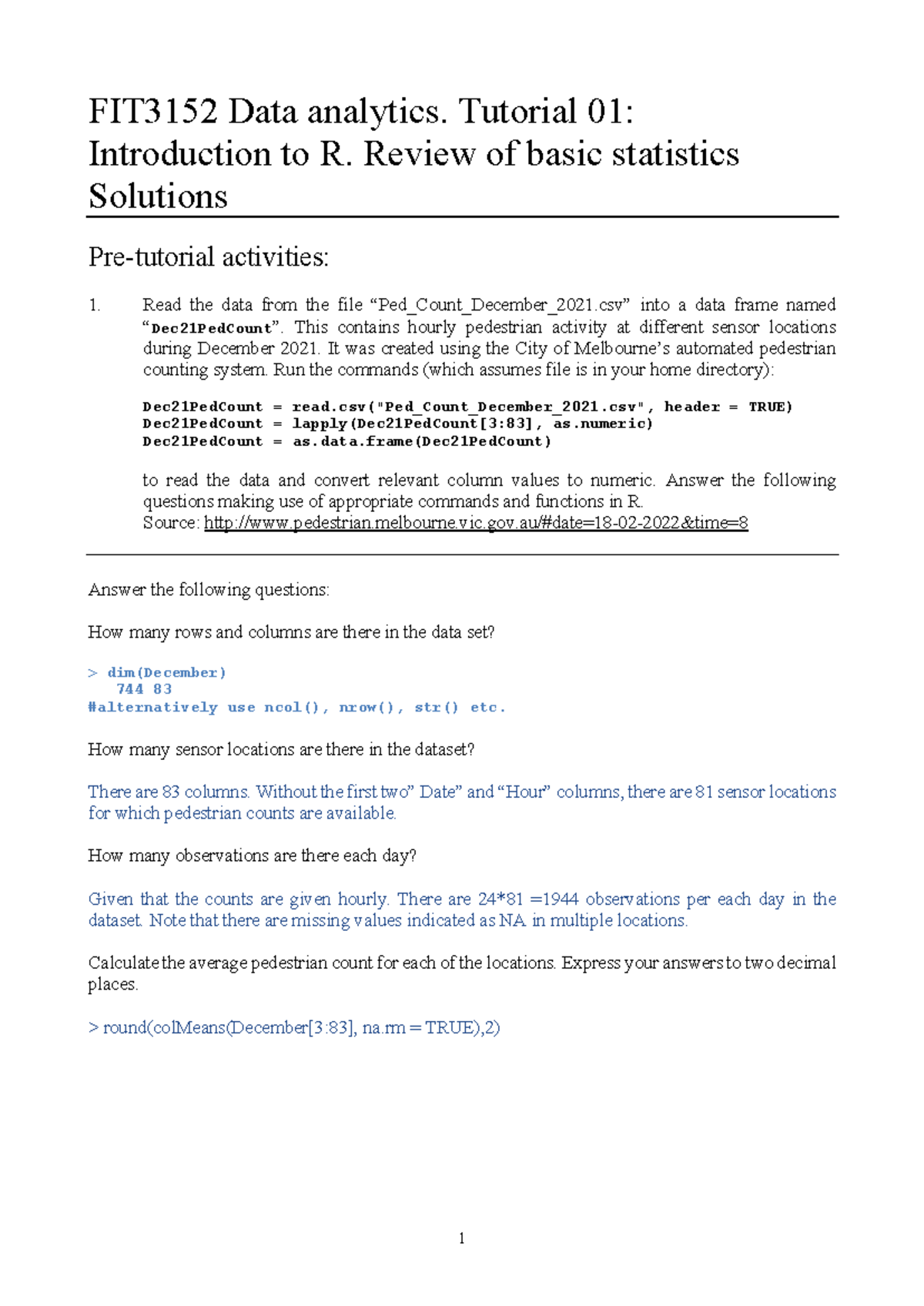 FIT3152 Tutorial 01 Solutions: Introduction to R and Data Analysis ...