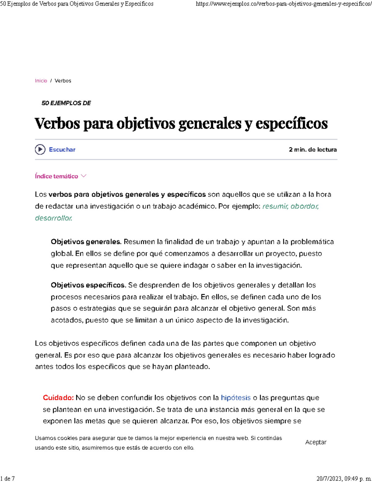 Ejemplos de Verbos para Objetivos Generales y Específicos en Investigaciones - Studocu