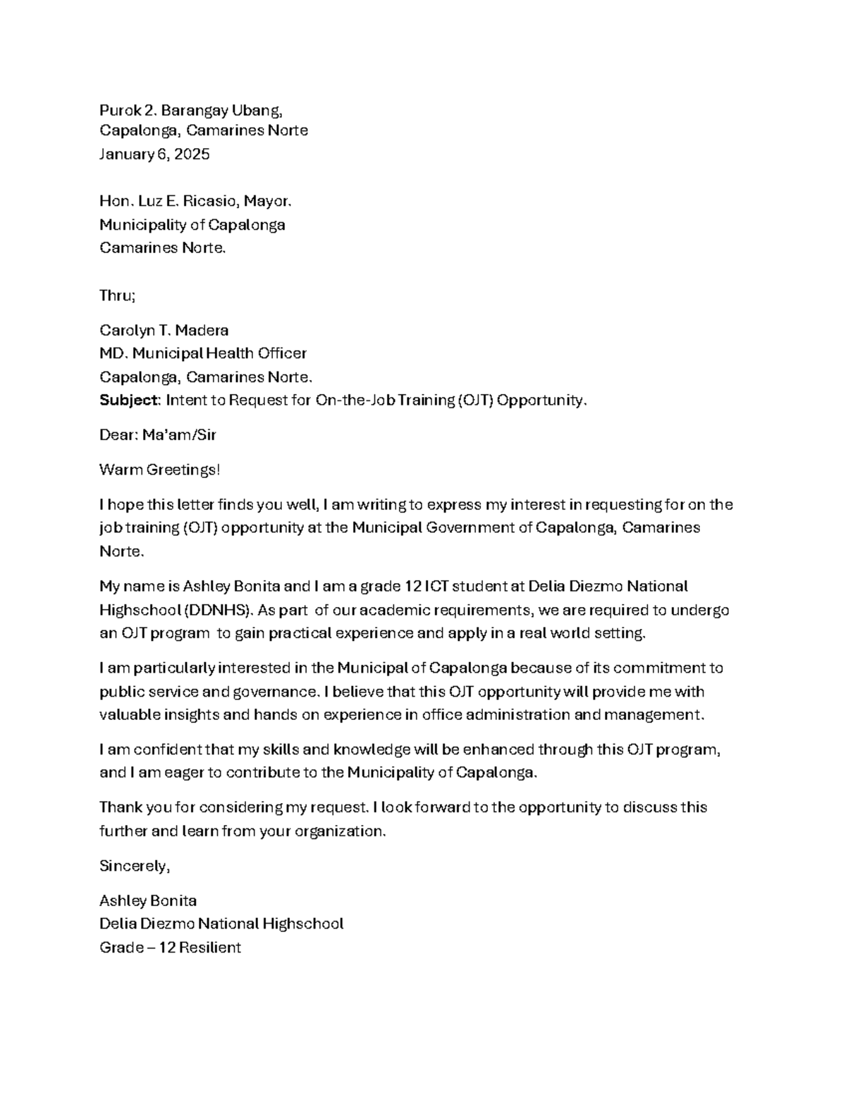 OJT Intent Letter from Ashley Bonita - Grade 12 ICT Student - Studocu