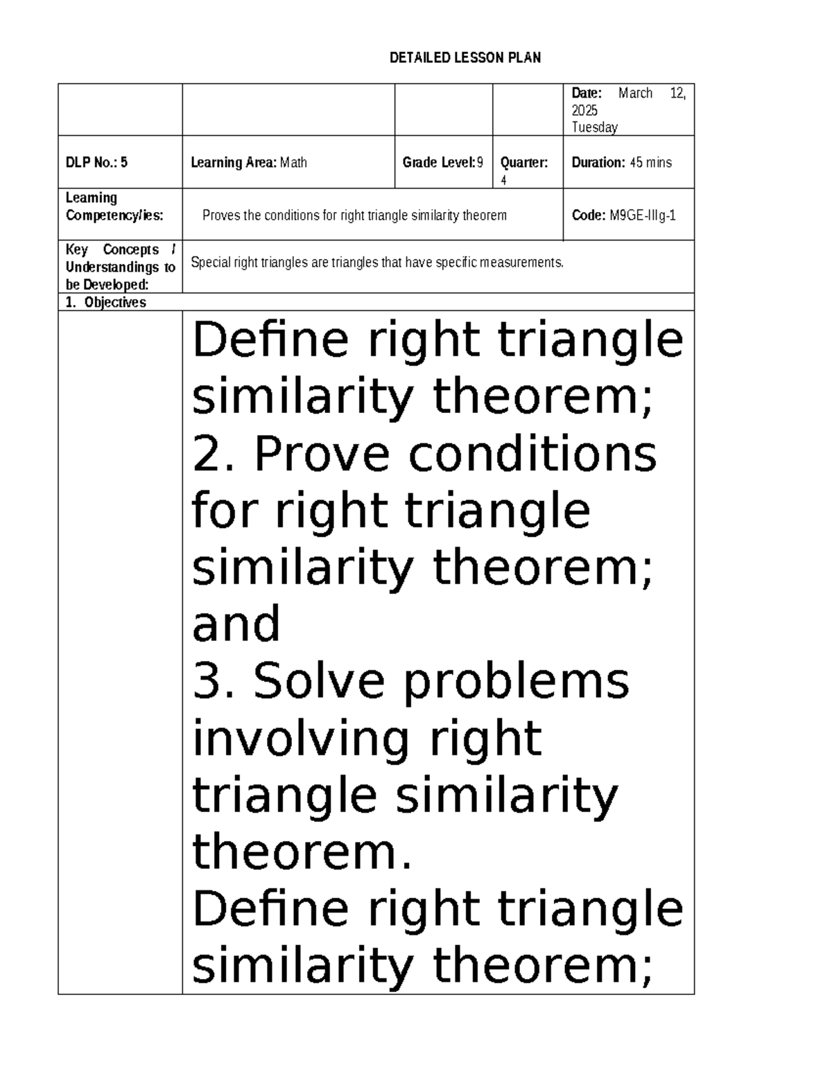 Math 9 DLP No. 5: Special right triangle lesson plan and activities ...