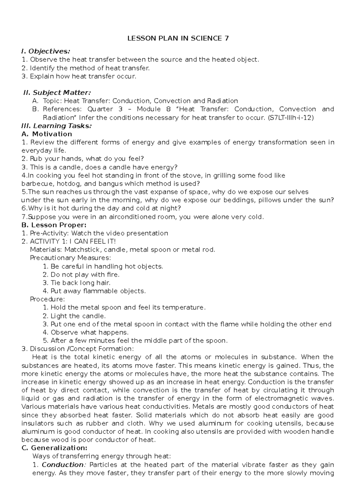 Lesson Plan for SCI7: Understanding Heat Transfer Methods - Studocu