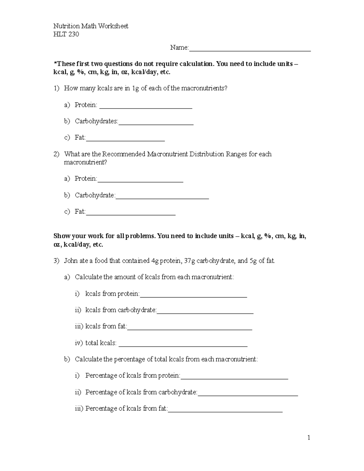 HLT 230 Nutrition Math Worksheet for Macronutrient Calculations - Studocu