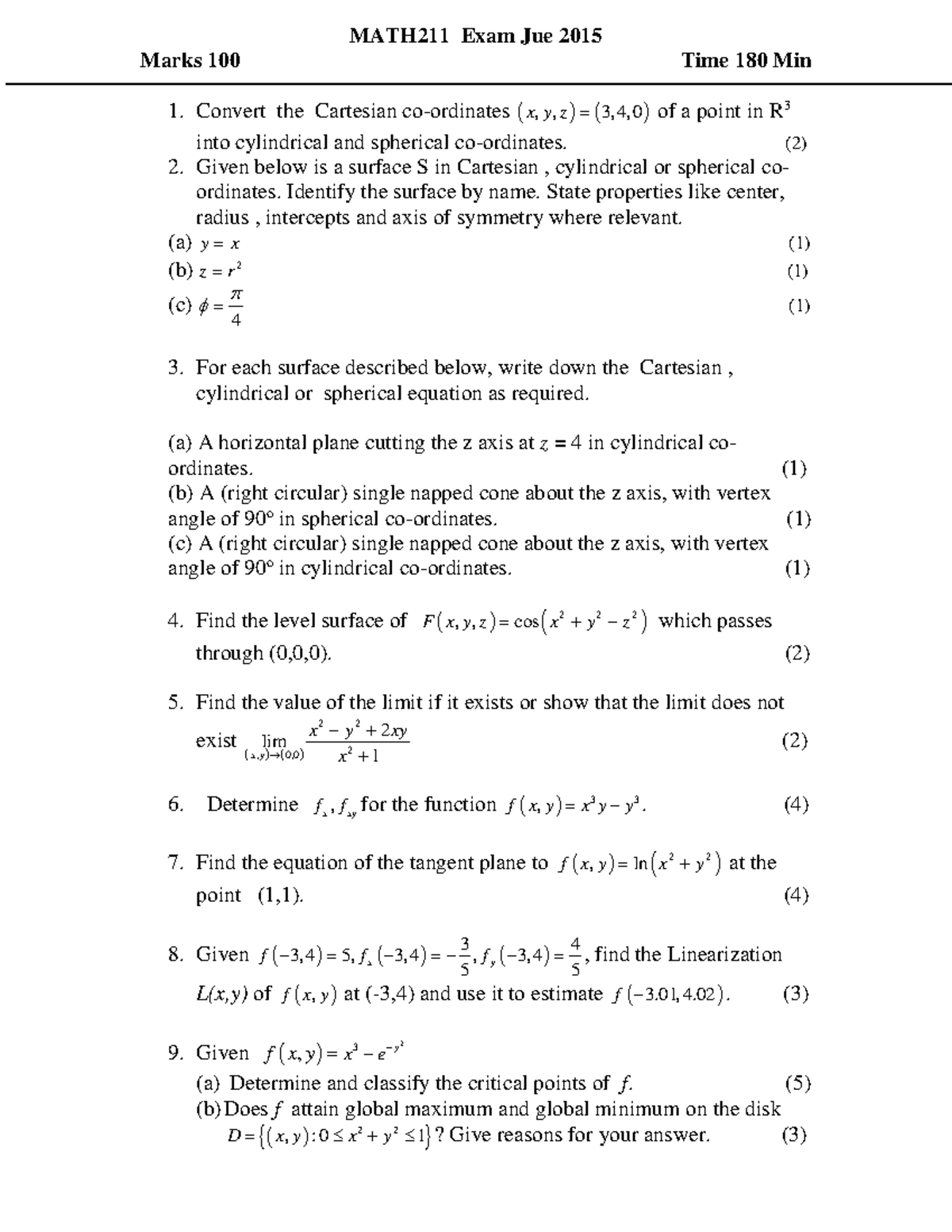 Math211 Final Exam June 2015 - Comprehensive Solutions and Analysis ...