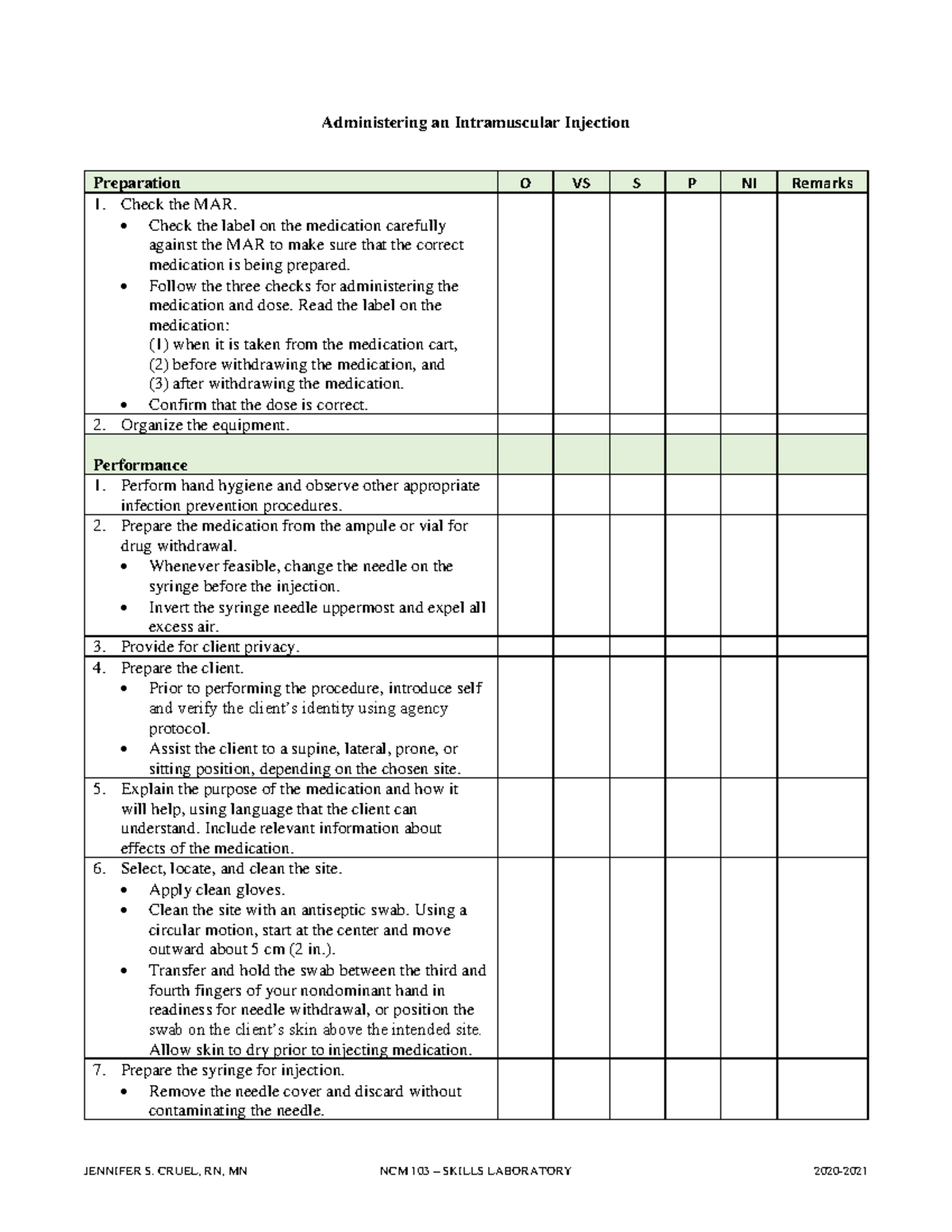 Administering an Intramuscular Injection Checklist for Return ...