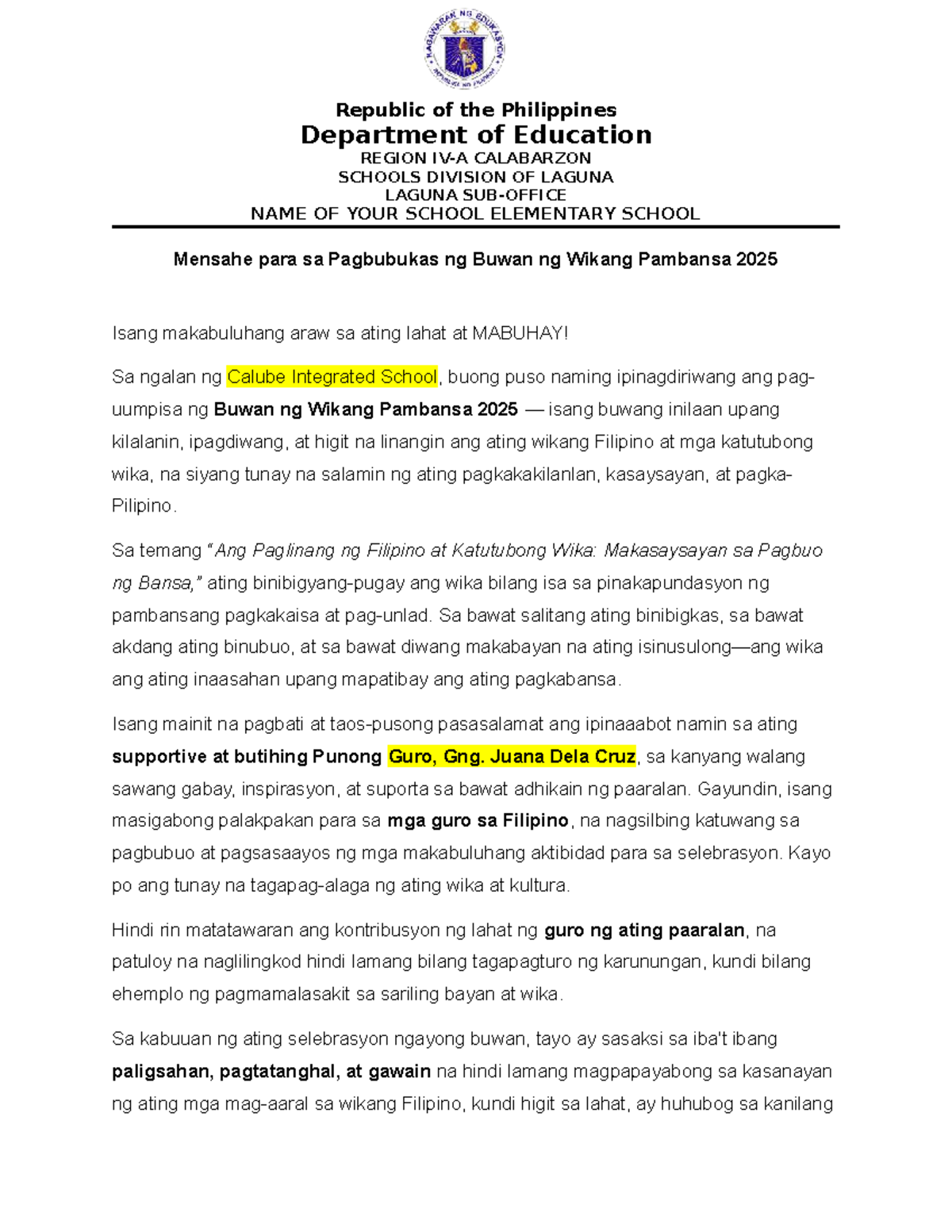 Mensahe sa Pagbubukas ng Buwan ng Wikang Pambansa 2025 - Filipino Coord ...