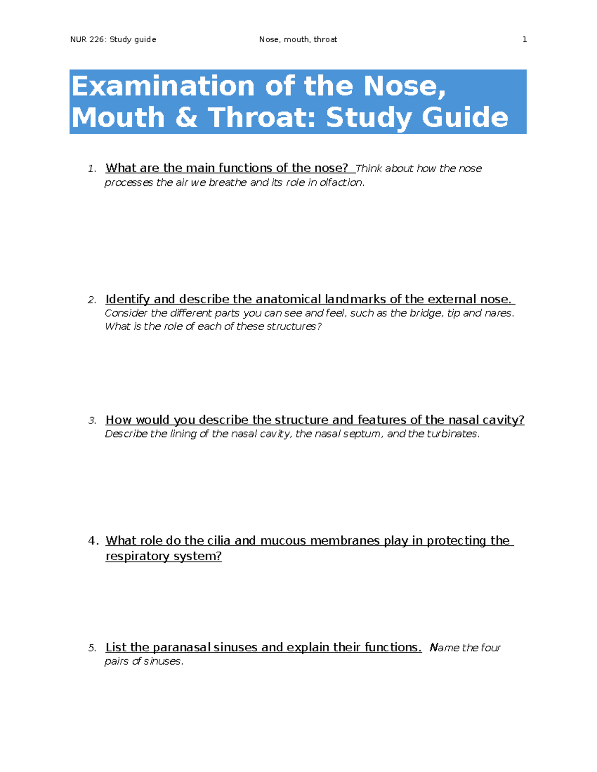 NUR 226: Comprehensive Study Guide for Nose, Mouth & Throat Exam - Studocu