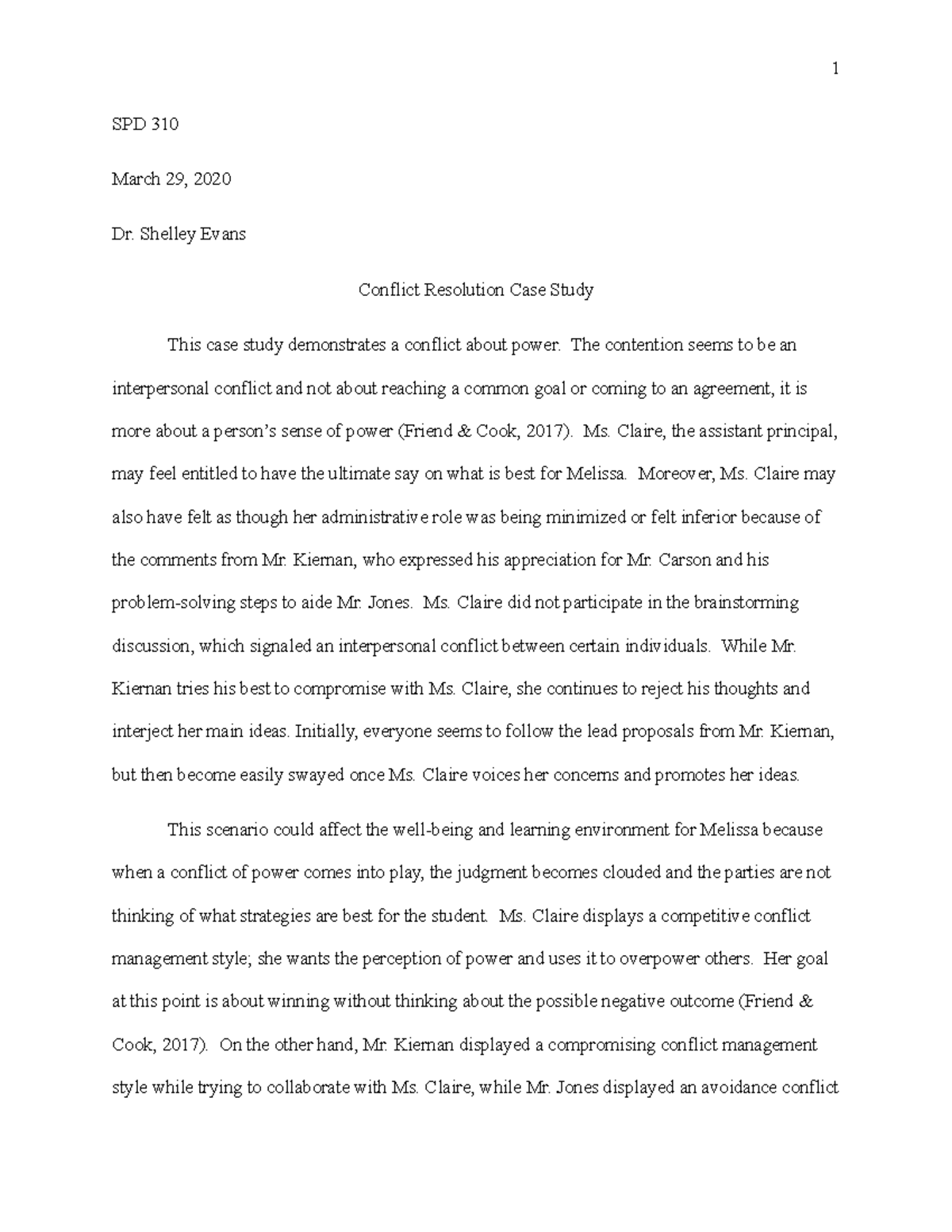 SPD 310 Conflict resolution case study Tami - SPD 310 March 29, 2020 Dr ...
