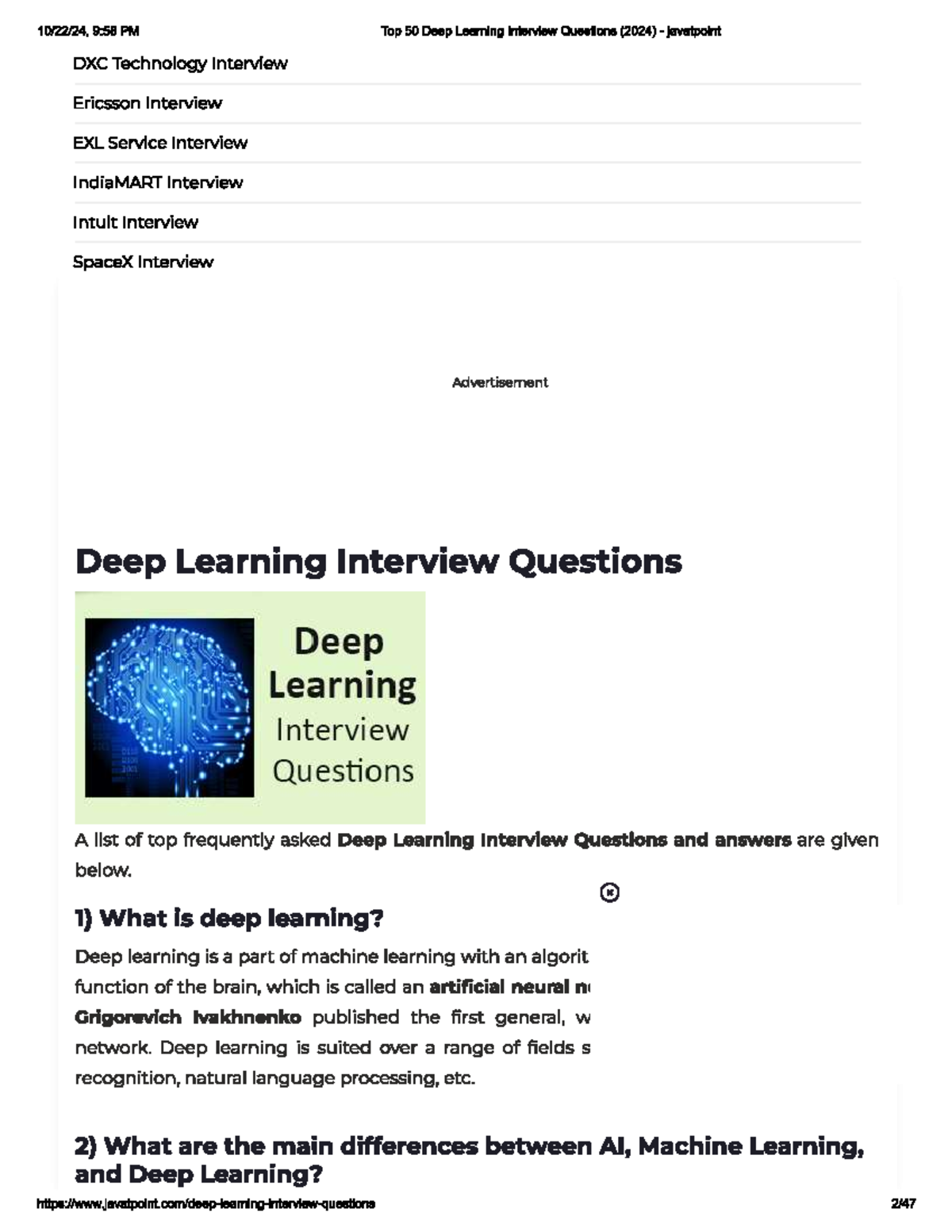 DL VIVA - Top 50 Deep Learning Interview Questions (2024) - Studocu