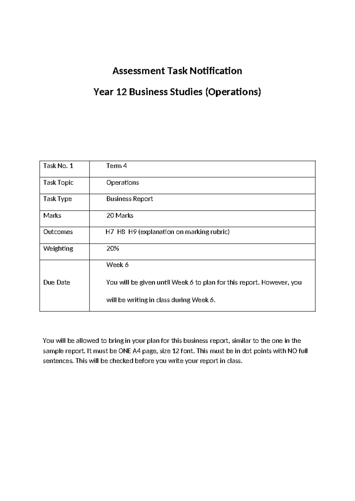Operations Business Report Task for Year 12 Business Studies - Studocu