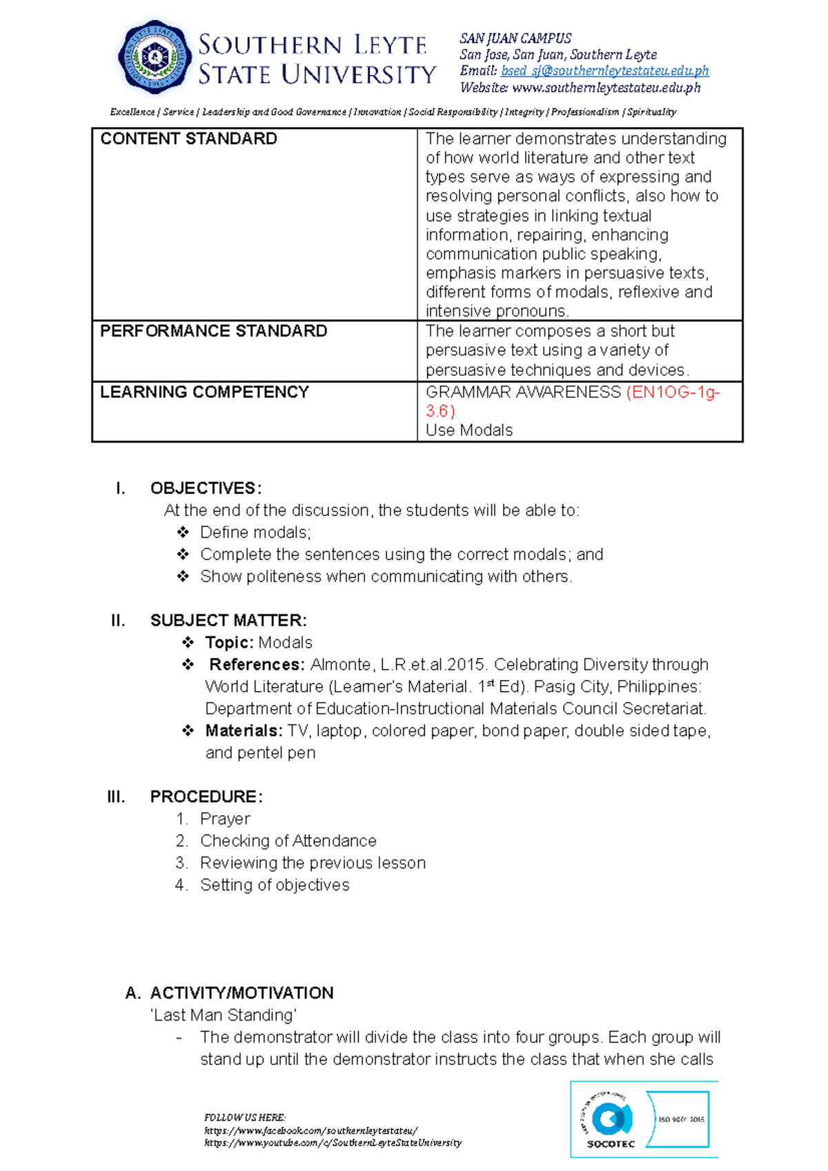 Lesson Plan on Modals - EN1OG-1g-3.6 Grammar Competency - Studocu