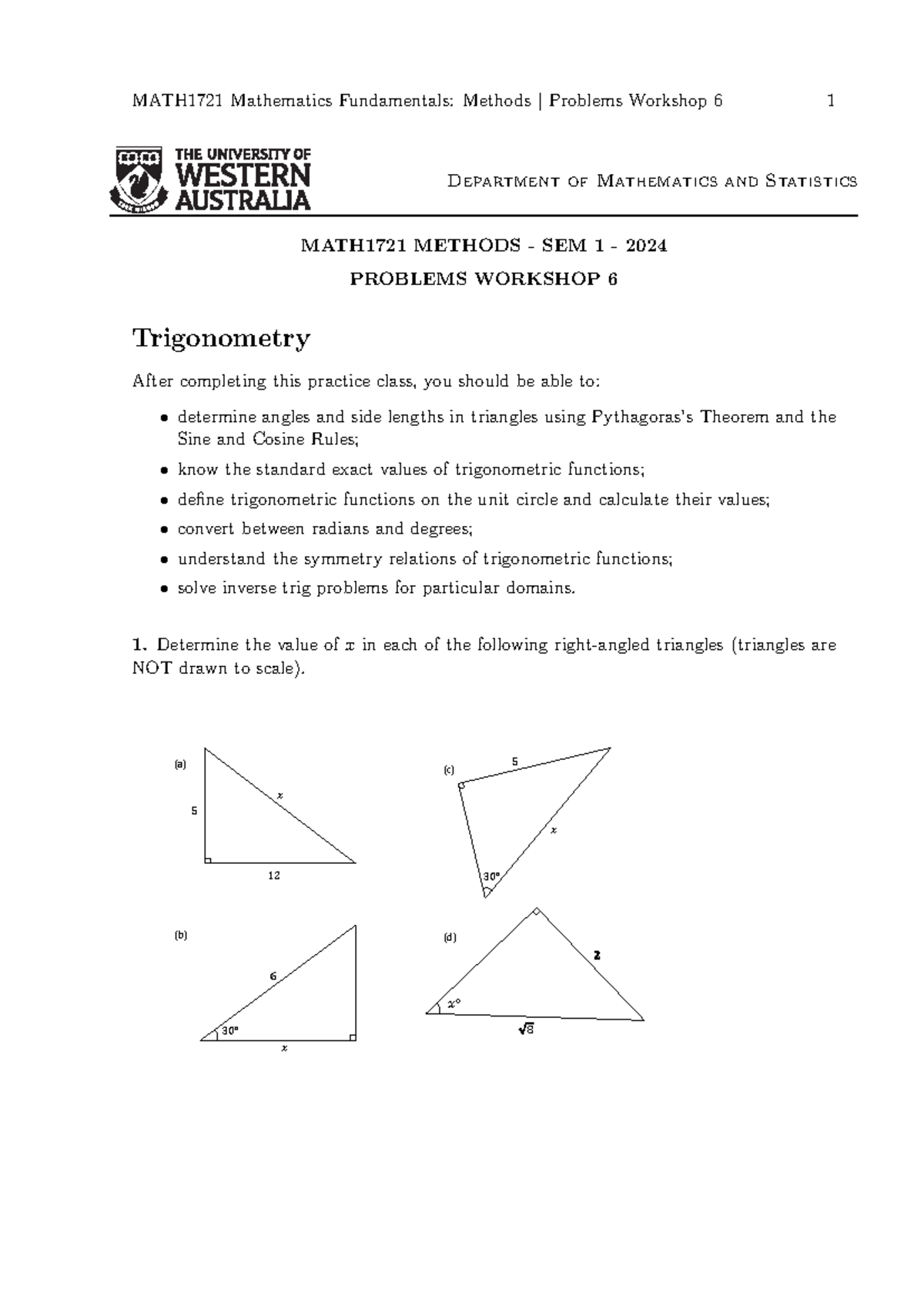 MATH1721 2024 Workshop 6: Trigonometry Problems & Solutions - Studocu