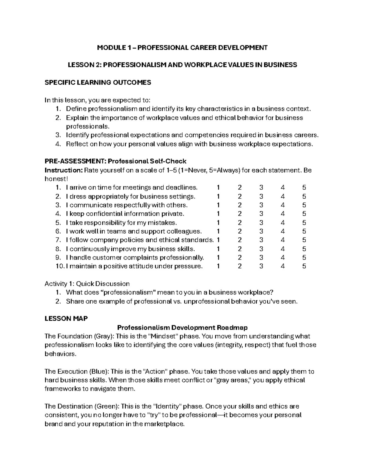 BA PD Lesson 2 - Professionalism & Workplace Values in Business - Studocu
