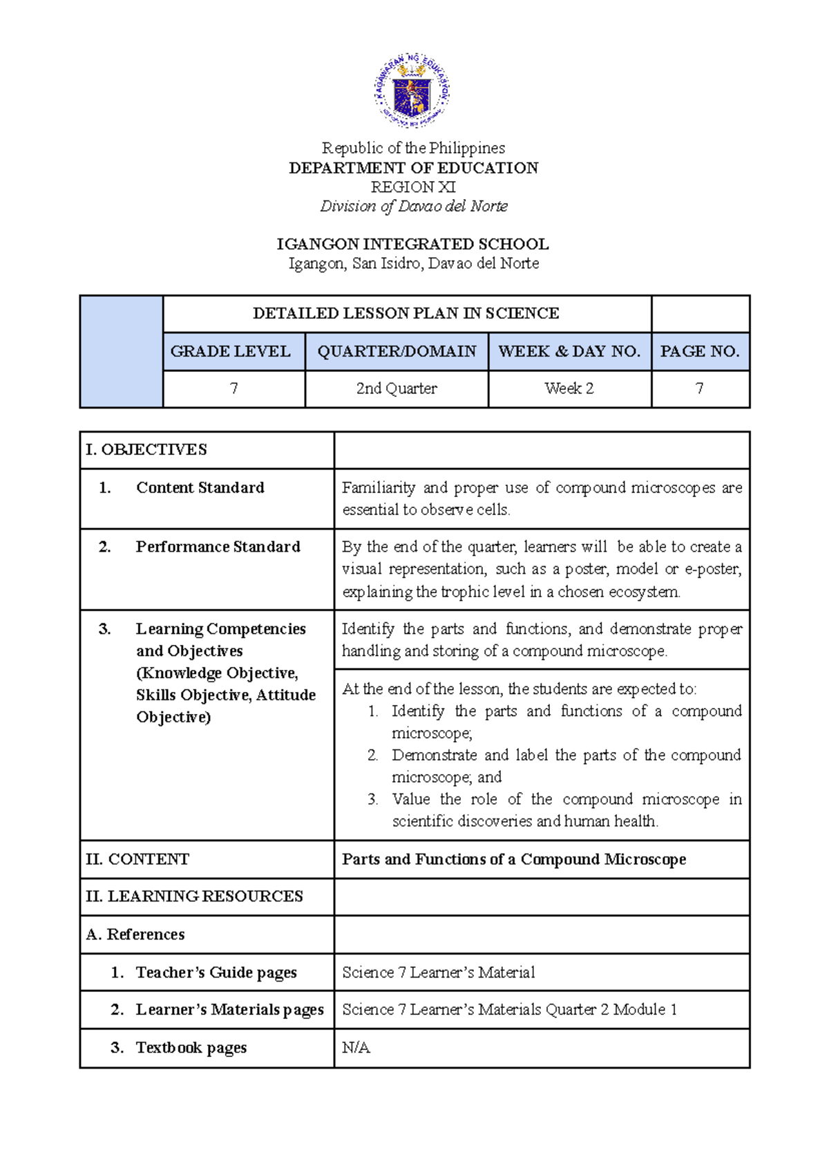 Lesson Plan for Grade 7 - Republic of the Philippines DEPARTMENT OF ...