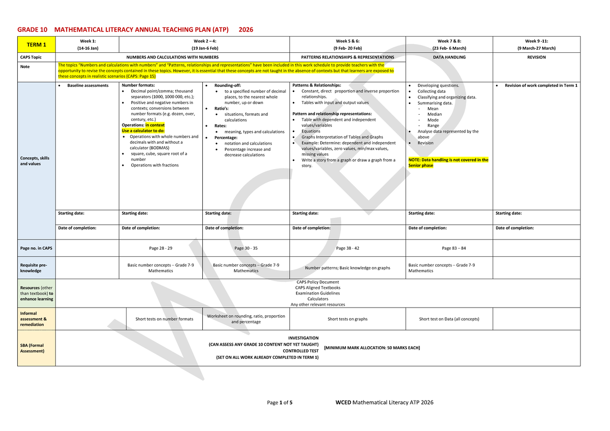 WCED GRADE 10 MATHEMATICAL LITERACY ANNUAL TEACHING PLAN (ATP) 2026 ...