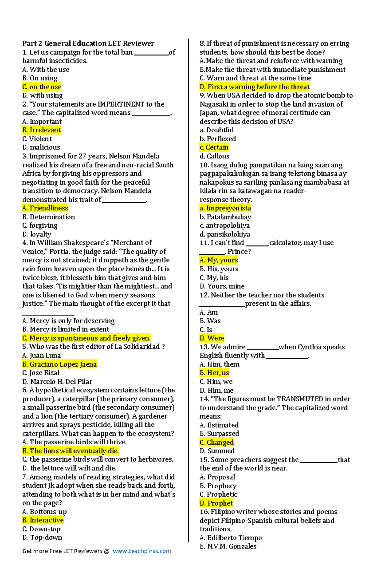 LET Reviewer: Professional Education Part 1 - 150 Items with Answer Key ...