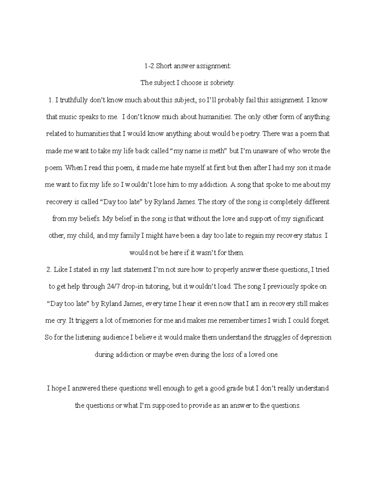 1-1 Short Answer Assignment: Reflections on Sobriety and Recovery - Studocu