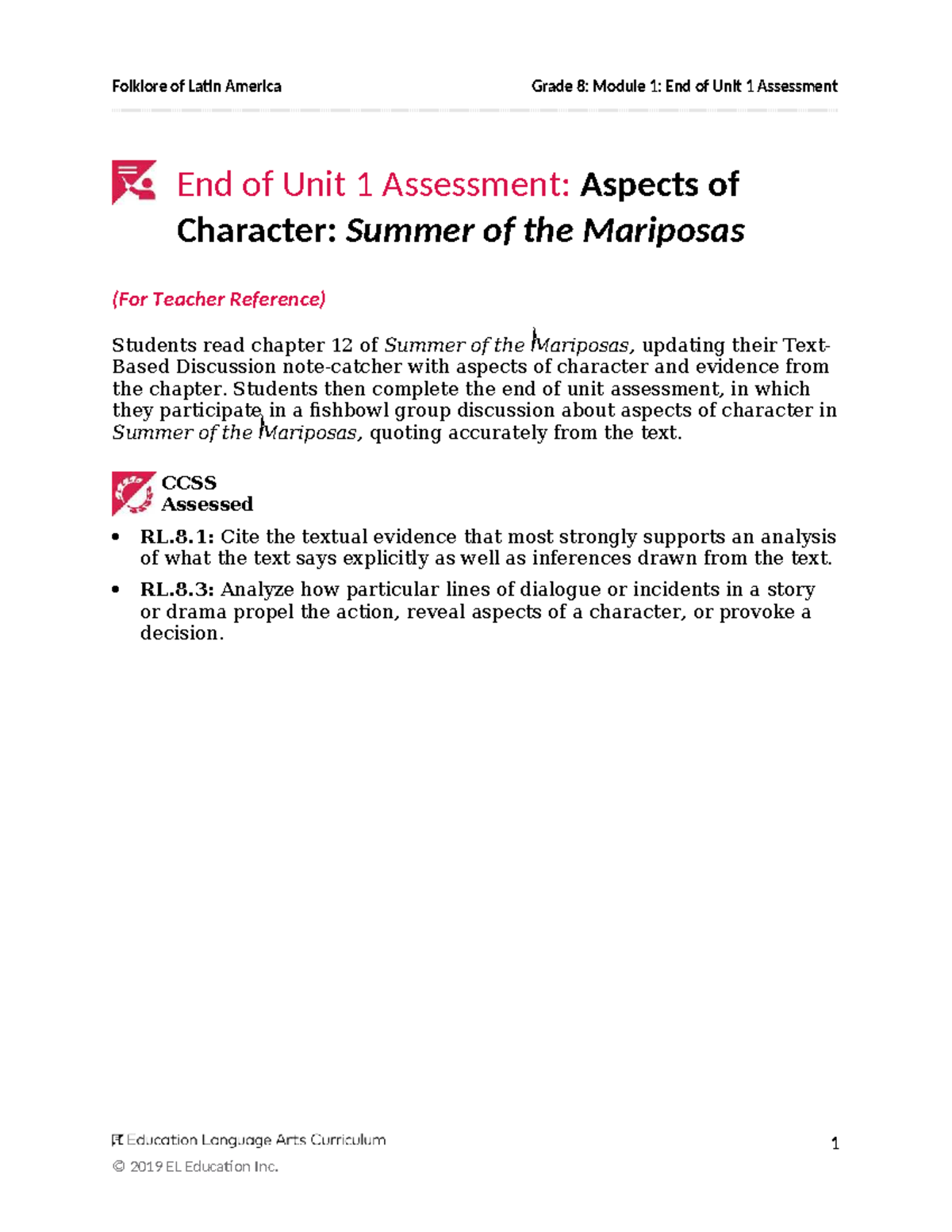 End of Unit 1 Assessment: Character Analysis of Summer of the Mariposas ...