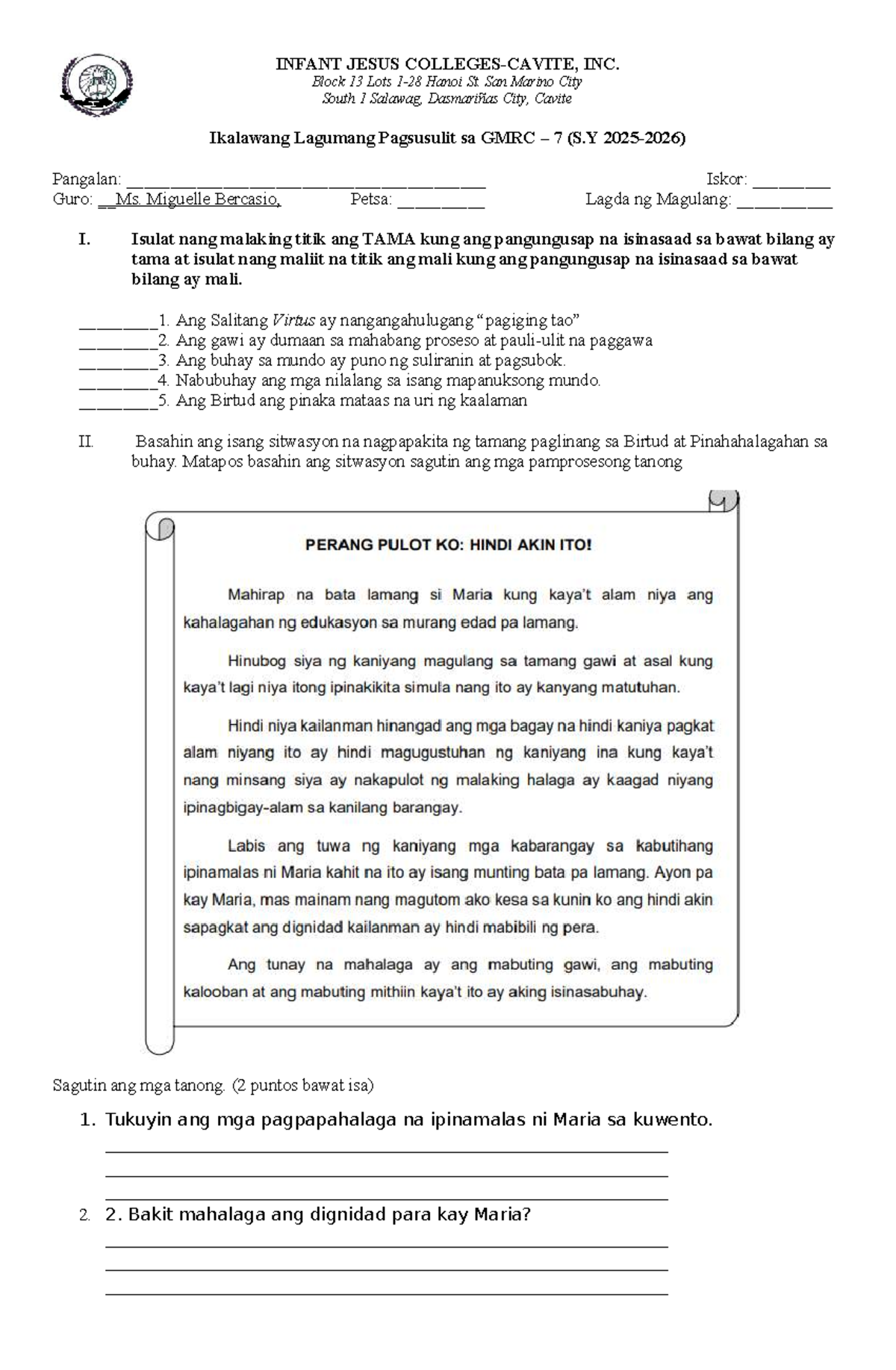 3rd Monthly Test in GMRC 7 (S.Y. 2025-2026) - Ms. Miguelle Bercasio ...