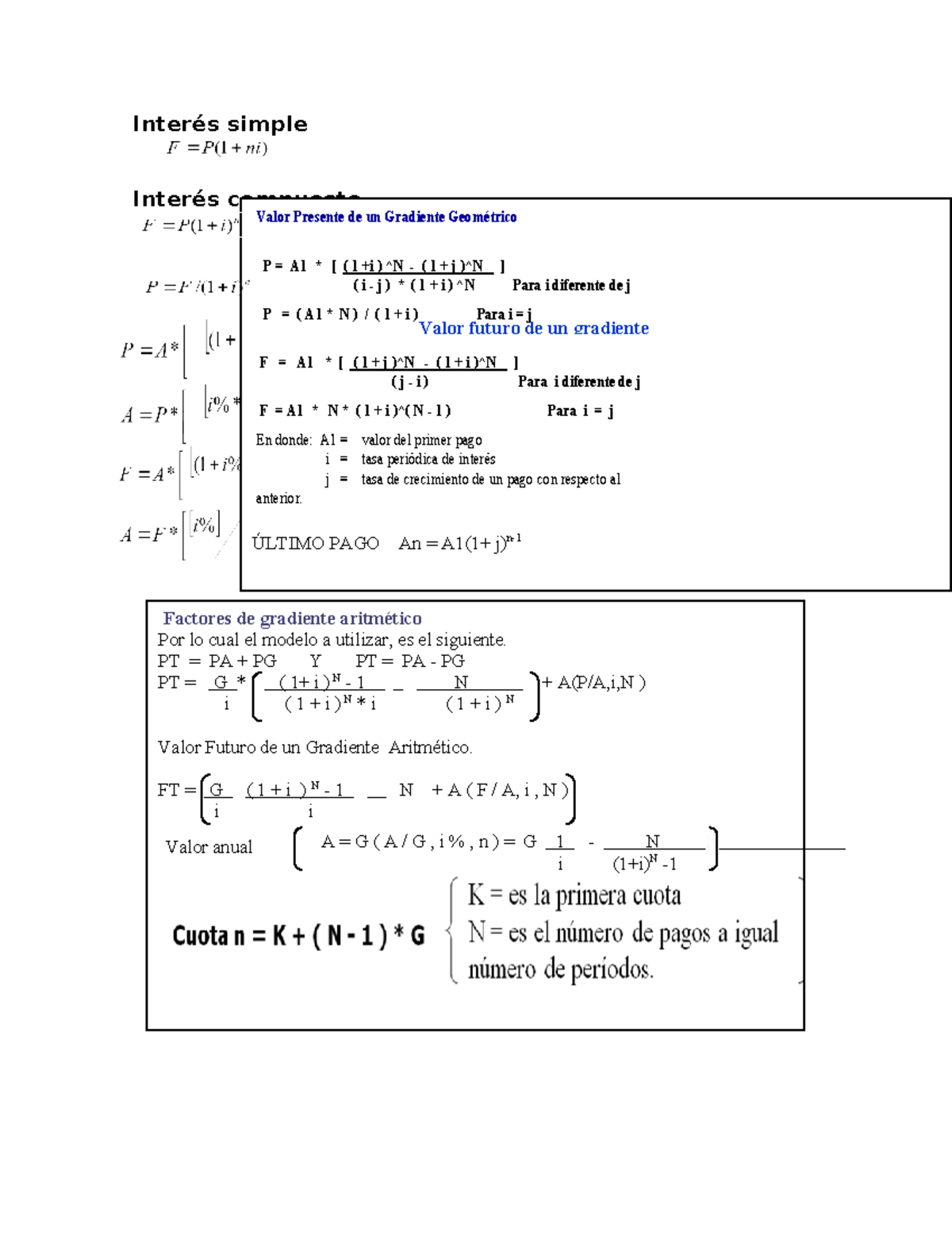 Formulas - Formulario, Valor presente y valor anual - Interés simple ...