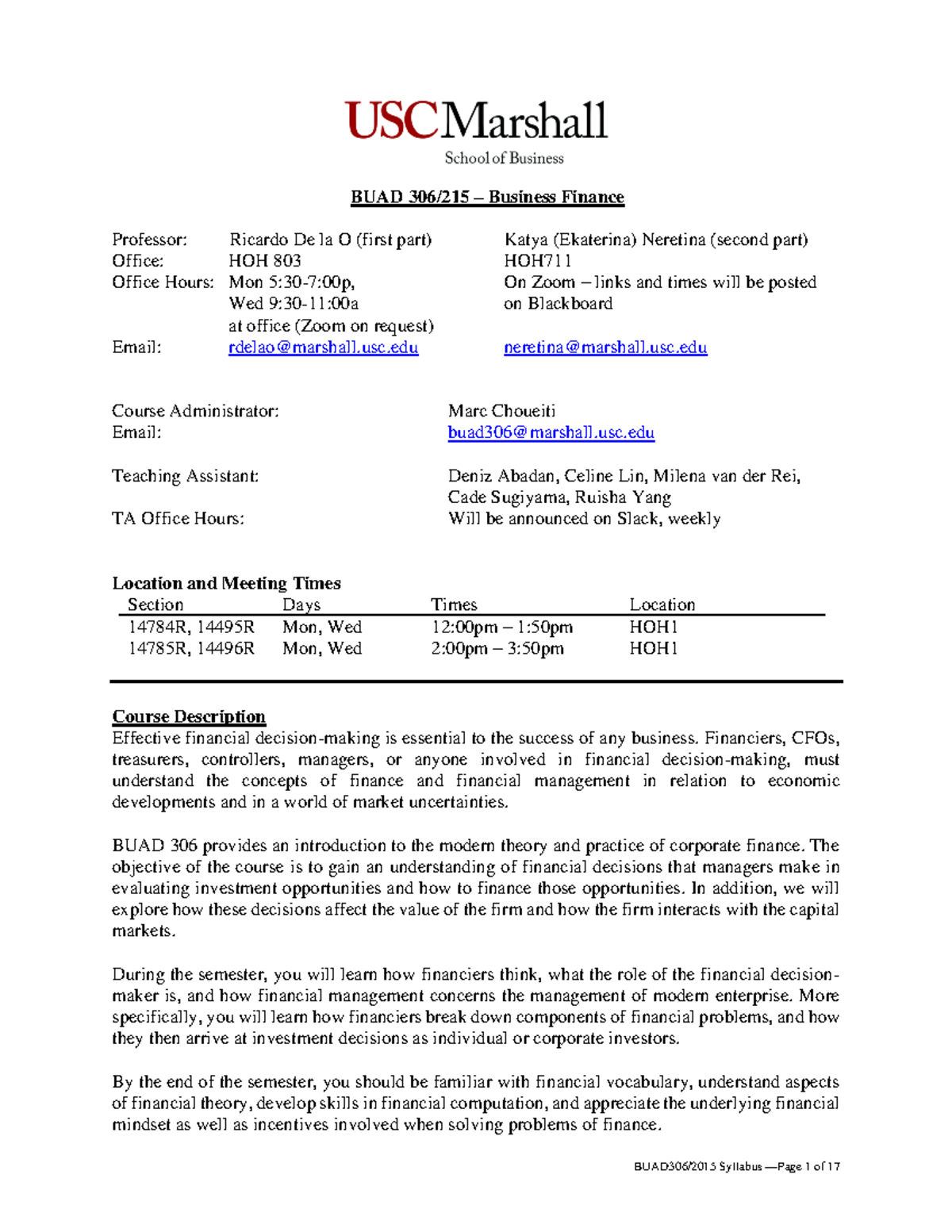 BUAD 306: Business Finance Syllabus Overview and Course Details - Studocu