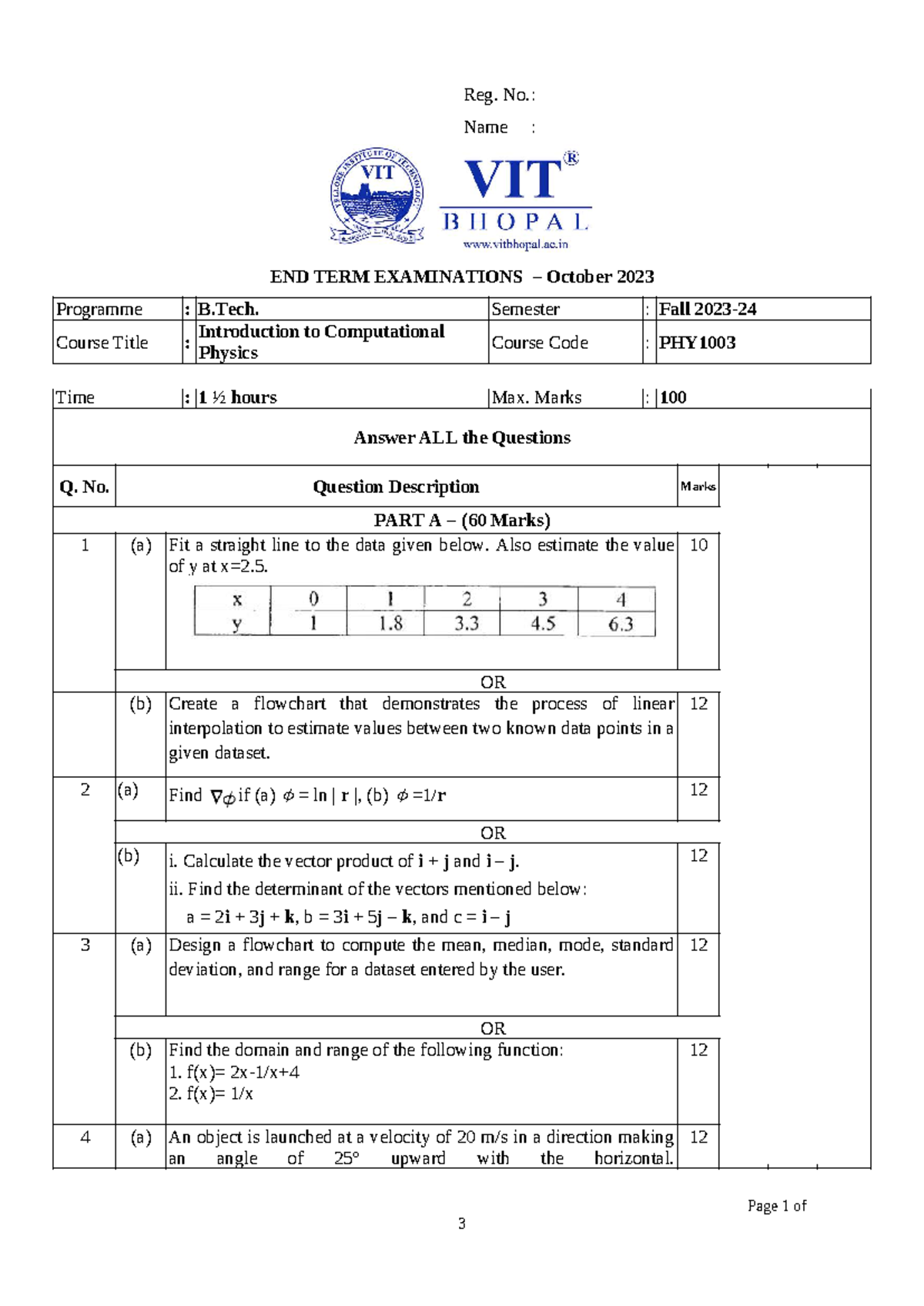 B.Tech. PHY1003 End Term Exam Sample Paper - October 2023 - Studocu