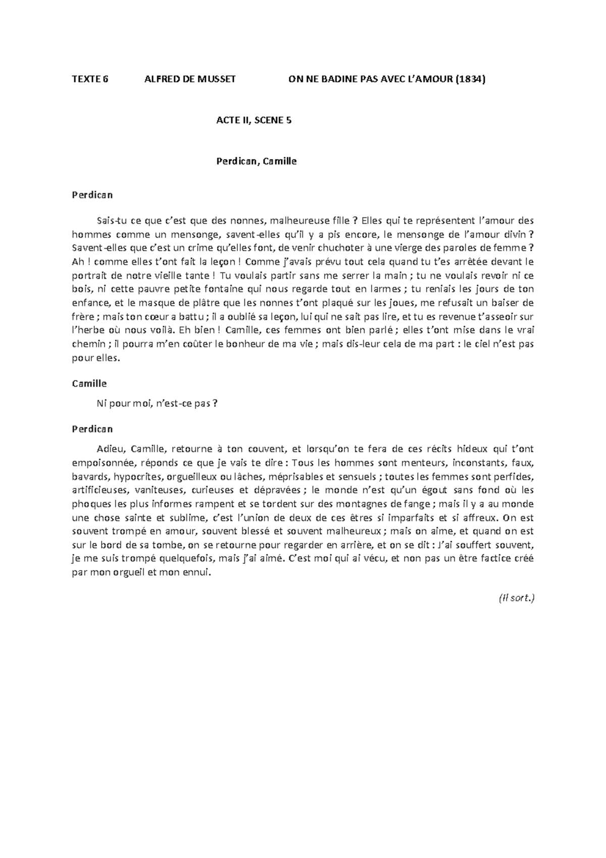 TEXTE 6: ALFRED DE MUSSET - ON NE BADINE PAS AVEC L (1834) ACTE II, SCENE 5 - Studocu