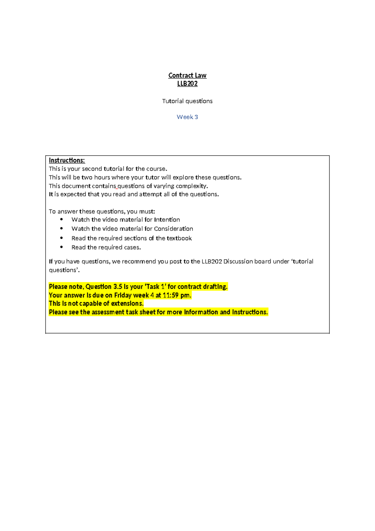 LLB202 Contract Law Week 3 Tutorial Questions & Instructions - Studocu