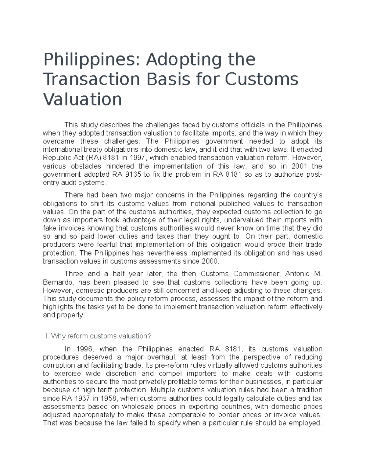 PHIL-101: Adopting Transaction Basis for Customs Valuation Reform - Studocu