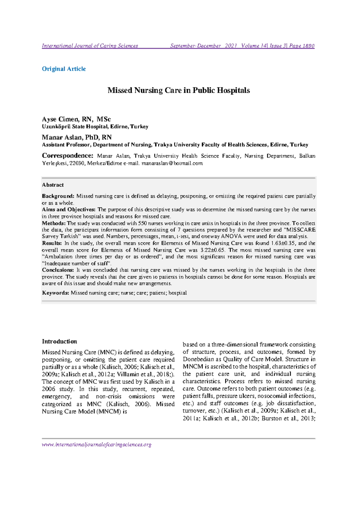 Missed Nursing Care in Public Hospitals: A Study by Aslan & Cimen - Studocu