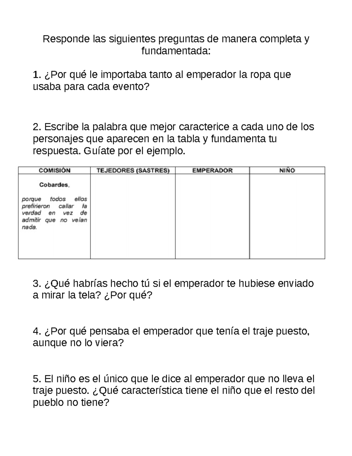 Comprensión Lectora: El Nuevo Traje del Emperador - Preguntas y ...