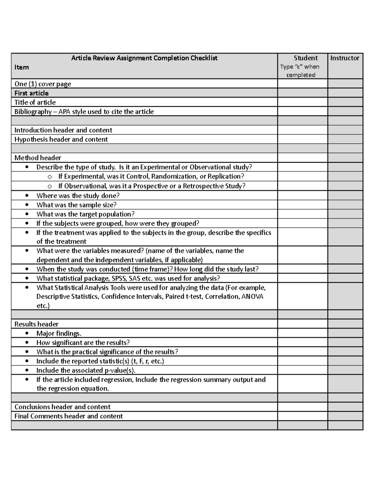 Article Review Checklist - Article Review Assignment Completion ...