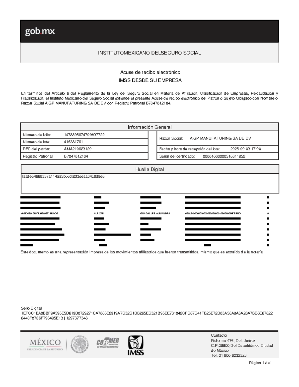 Acuse de Recibo Electrónico IMSS B7047812104 - Lote 416381761 - Studocu