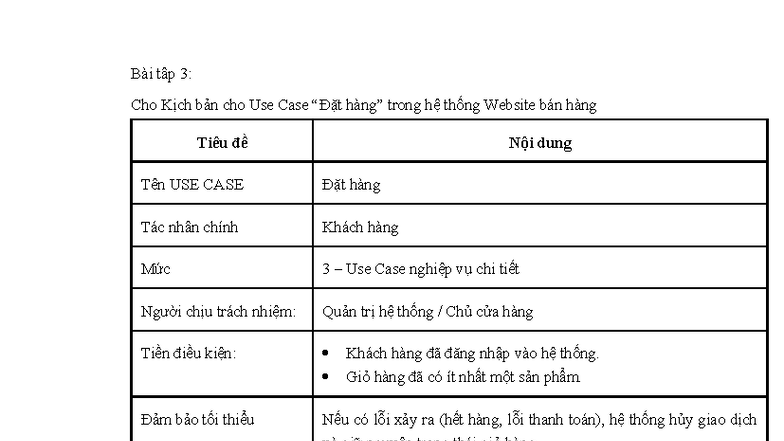 Bài Tập 3: Kịch Bản Use Case Đặt Hàng trong Hệ Thống Bán Hàng - Studocu