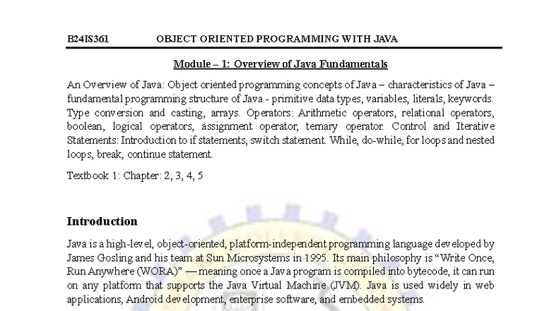 B24IS361 OBJECT ORIENTED PROGRAMMING WITH JAVA Module 1: Java Fundamentals - Studocu