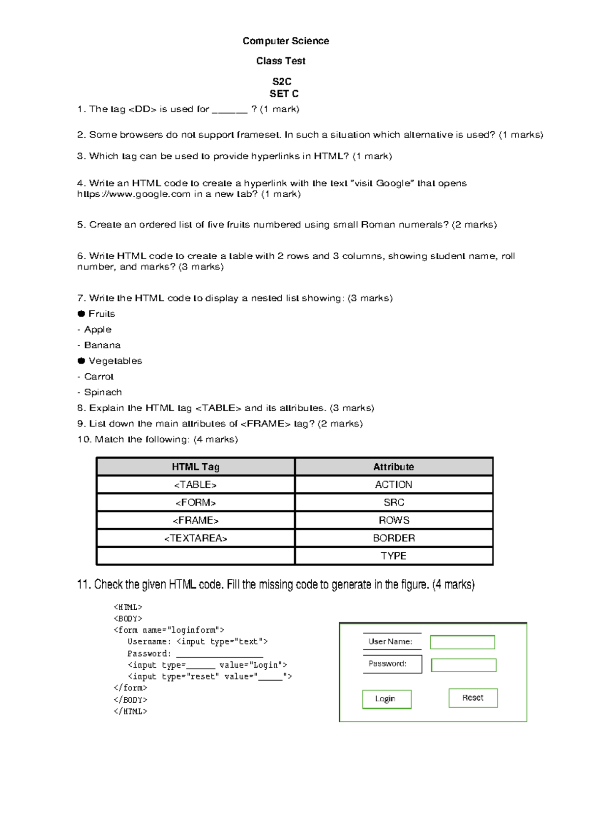 Computer Science Class Test S2C SET C 1: HTML Concepts & Questions ...
