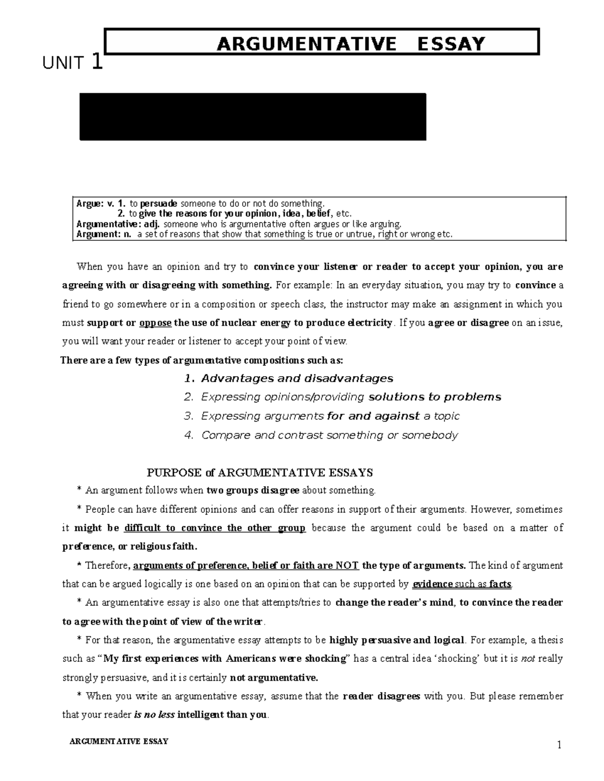 Argumentative Essay - u5 lesson - UNIT 1 Argue: v. 1. to persuade ...